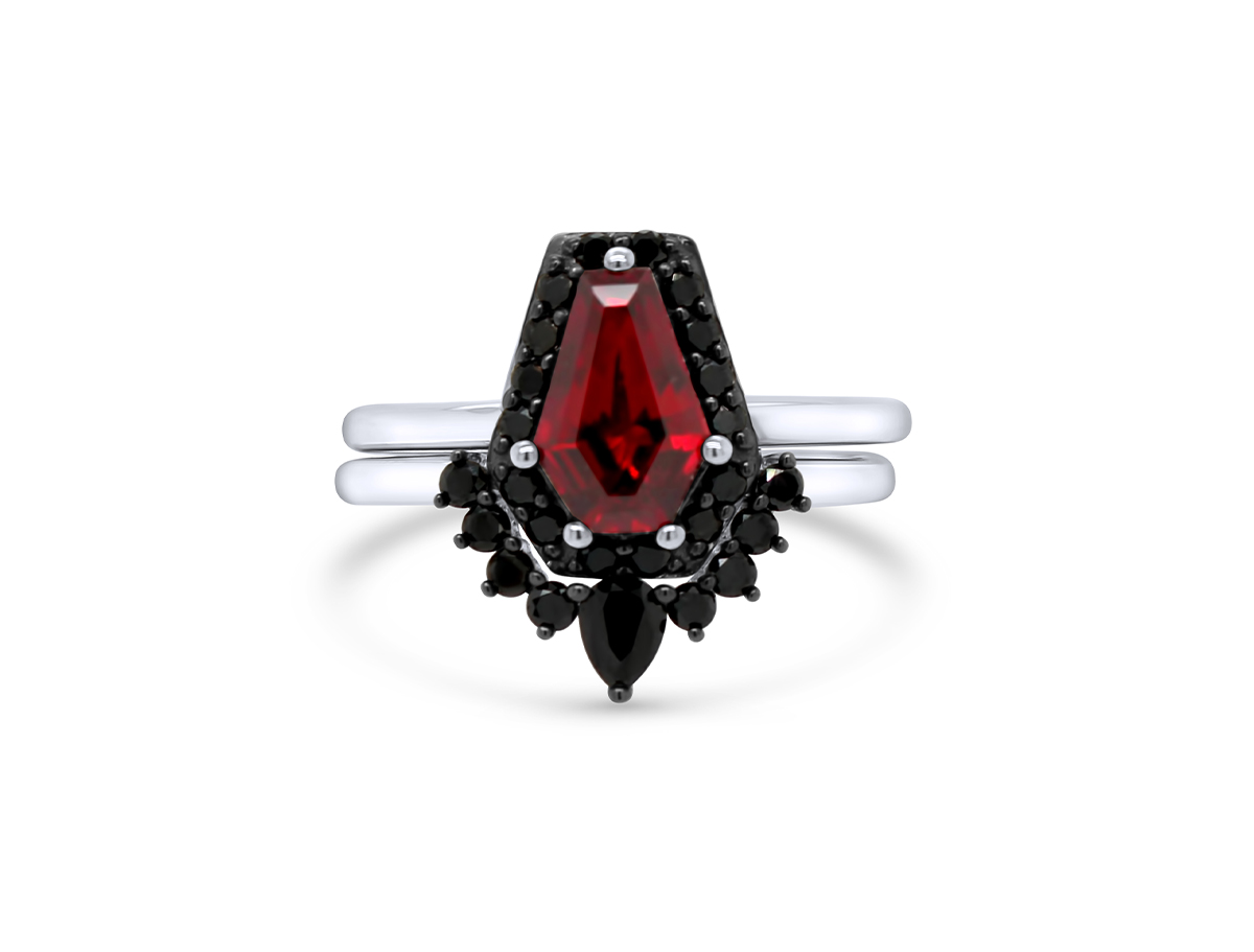 1.72ct Ruby & Black Diamond Coffin Cut 14k White Gold Bridal Set