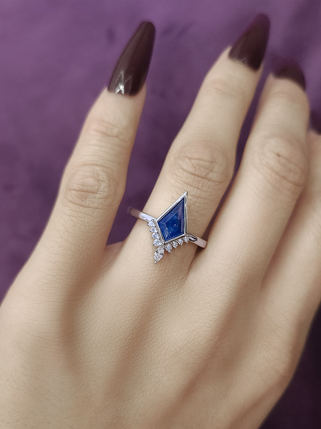 1.46ct Blue Sapphire Kite Cut & White Diamond Platinum Ring